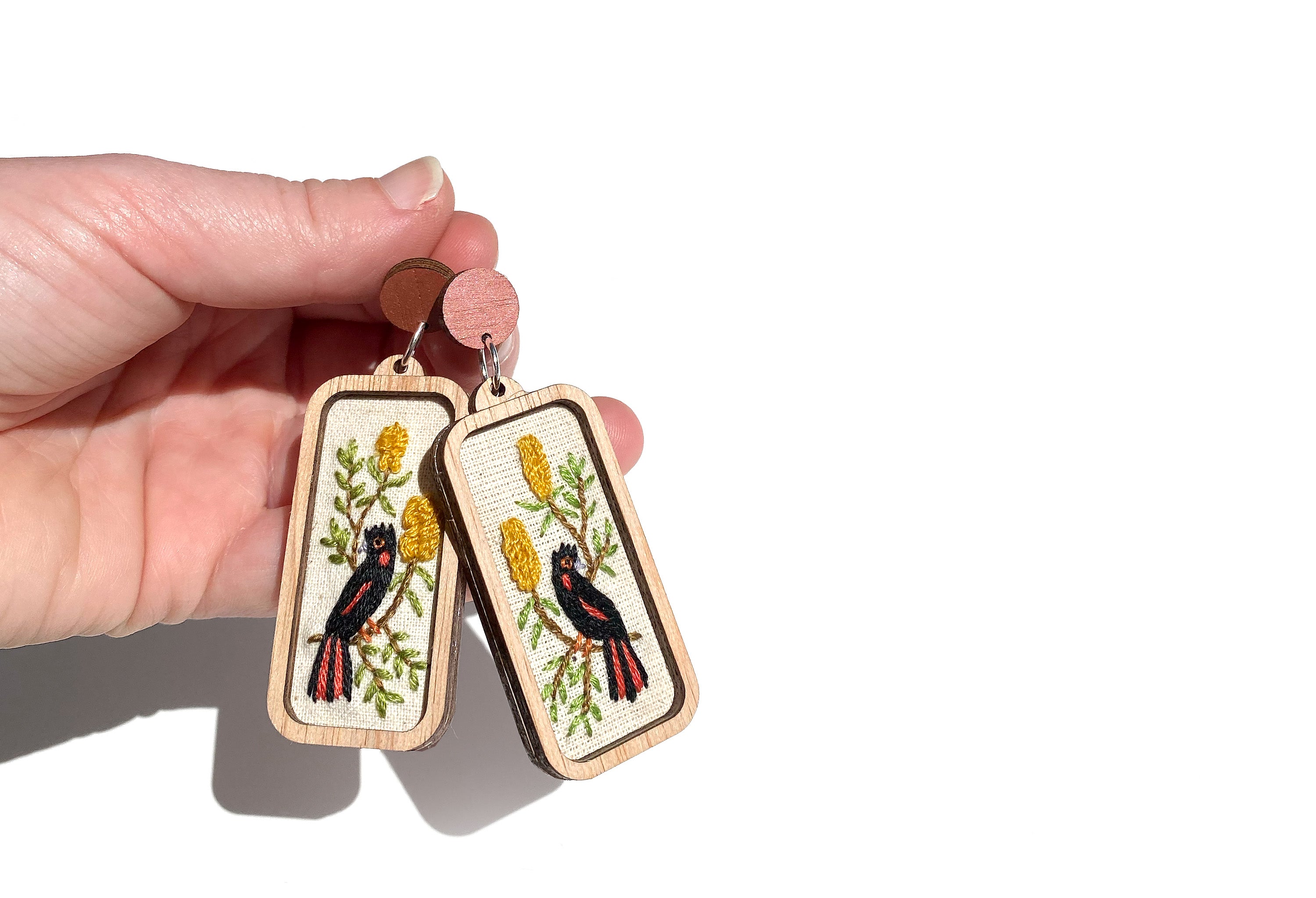 Hand Embroidered Earrings - Red Tailed Black Cockatoo – Yarn Industries